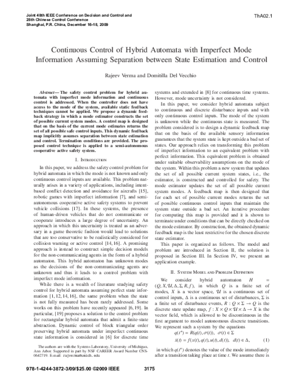 (PDF) Continuous control of hybrid automata with imperfect mode information assuming separation ...