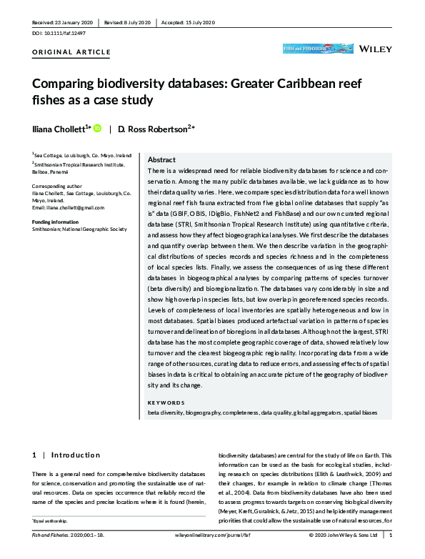 (PDF) Comparing biodiversity databases: Greater Caribbean reef fishes as a case study