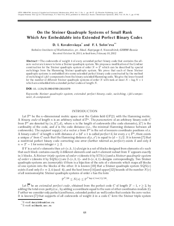 (PDF) On the Steiner quadruple systems of small rank which are embeddable into extended perfect ...