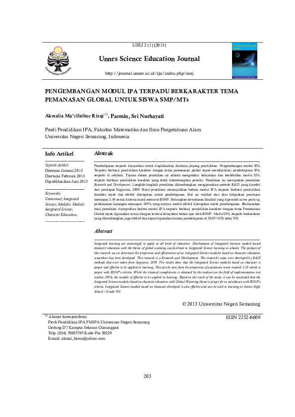 (PDF) PENGEMBANGAN MODUL IPA TERPADU BERKARAKTER TEMA PEMANASAN GLOBAL ...
