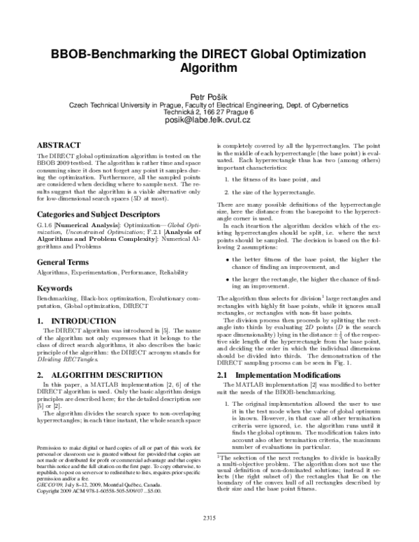 (PDF) BBOB-benchmarking the DIRECT global optimization algorithm