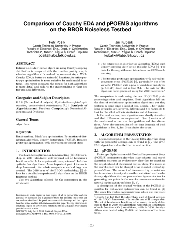 Pdf Comparison Of Cauchy Eda And Ppoems Algorithms On The Bbob Noiseless Testbed 