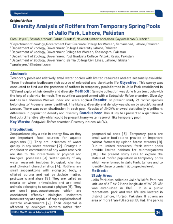 (PDF) Diversity Analysis of Rotifers from Temporary Spring Pools of ...