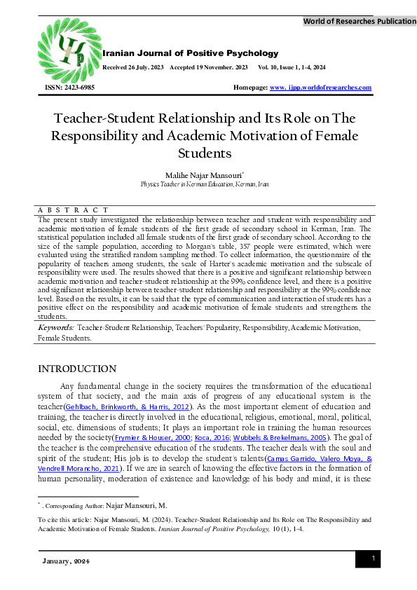 (PDF) Teacher-Student Relationship and Its Role on The Responsibility ...