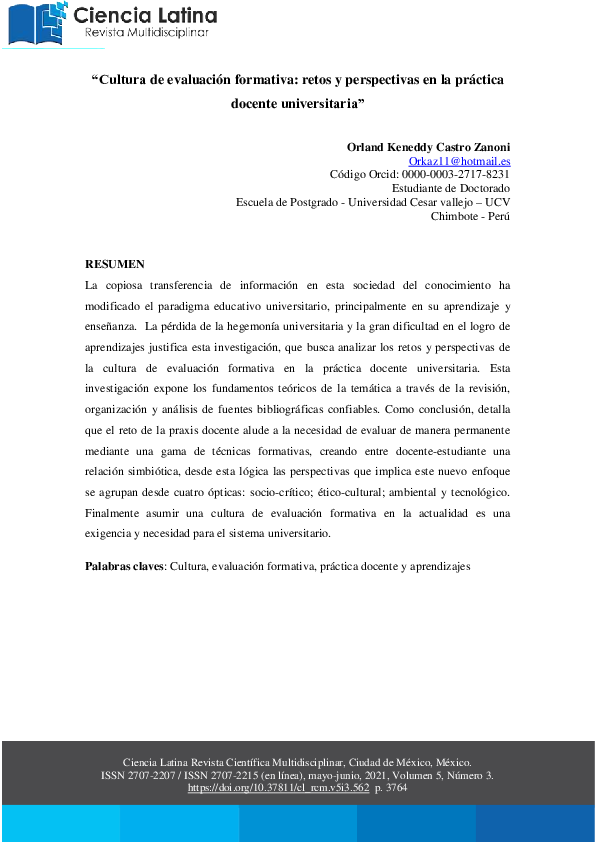 (PDF) “Cultura de evaluación formativa: retos y perspectivas en la práctica docente universitaria”