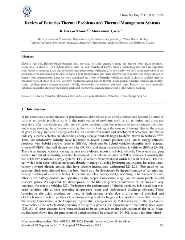 (PDF) Review of Batteries Thermal Problems and Thermal Management Systems | KEMAL F U R K A N ...