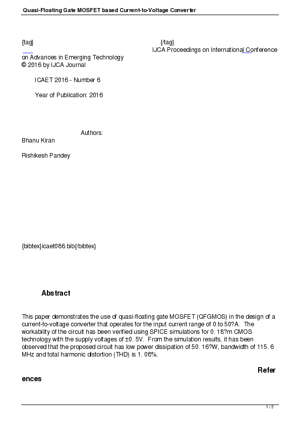 Pdf Quasi Floating Gate Mosfet Based Current To Voltage Converter