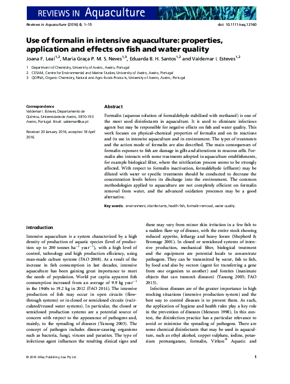 (PDF) Use of formalin in intensive aquaculture: properties, application ...