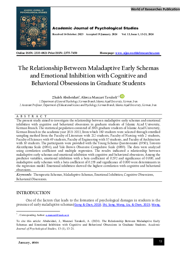 (PDF) The Relationship Between Maladaptive Early Schemas and Emotional ...