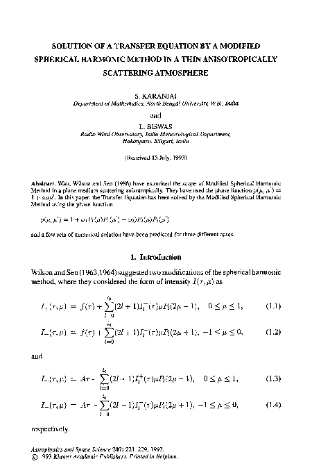 (PDF) Solution of a transfer equation by a Modified Spherical Harmonic Method in a thin ...