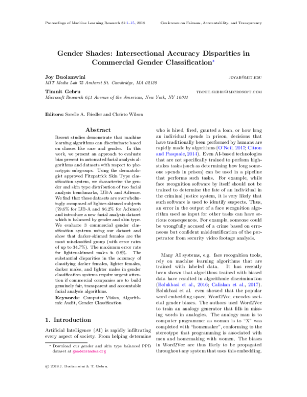 (PDF) Gender Shades: Intersectional Accuracy Disparities in Commercial ...