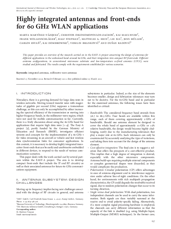 (PDF) Highly integrated antennas and front-ends for 60 GHz WLAN ...