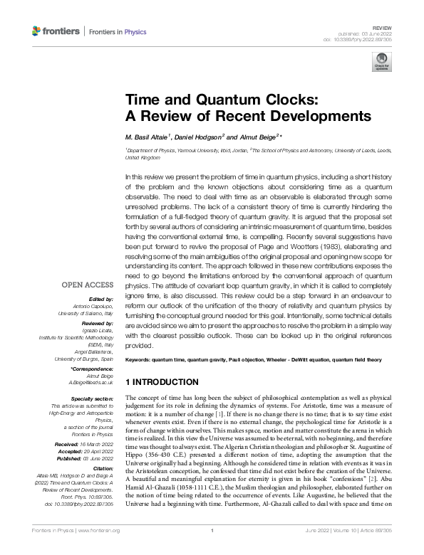 (PDF) Quantum Time: Recent Insights and Developments