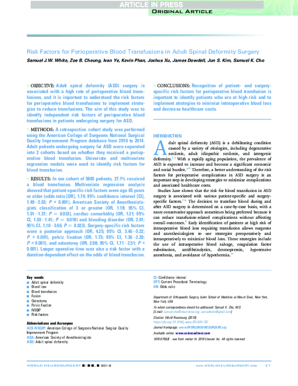 (PDF) Risk Factors for Perioperative Blood Transfusions in Adult Spinal ...