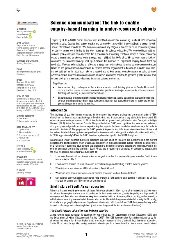 (PDF) Science communication: The link to enable enquiry-based learning in under-resourced schools