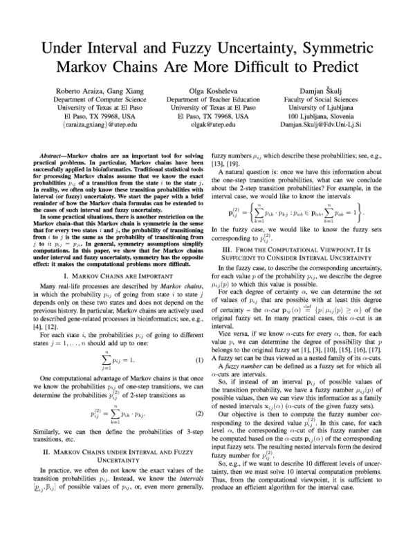 (PDF) Under Interval and Fuzzy Uncertainty, Symmetric Markov Chains Are More Difficult to Predict