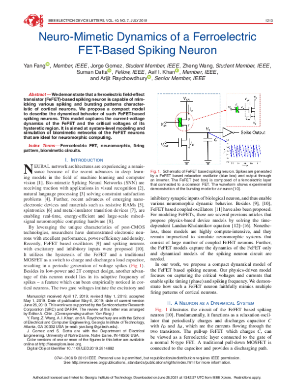 (PDF) Neuro-Mimetic Dynamics of a Ferroelectric FET-Based Spiking Neuron