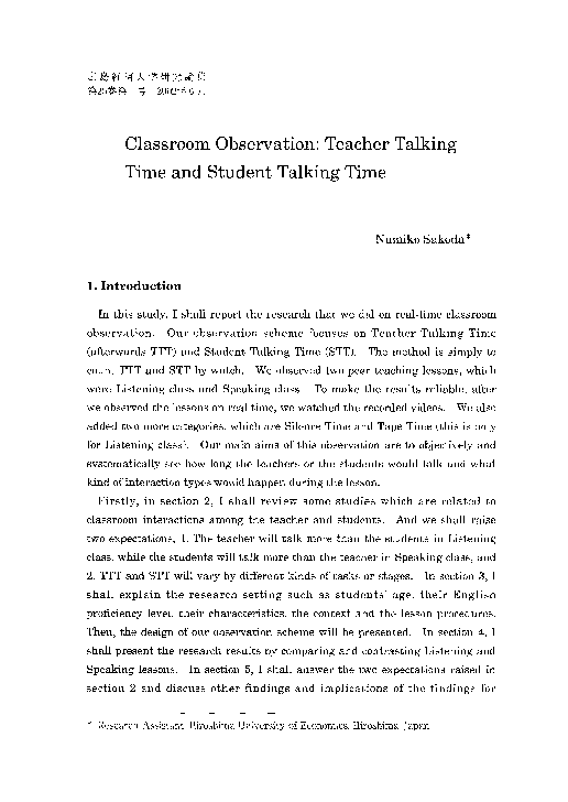 (PDF) Classroom Observation: Teacher Talking Time and Student Talking Time