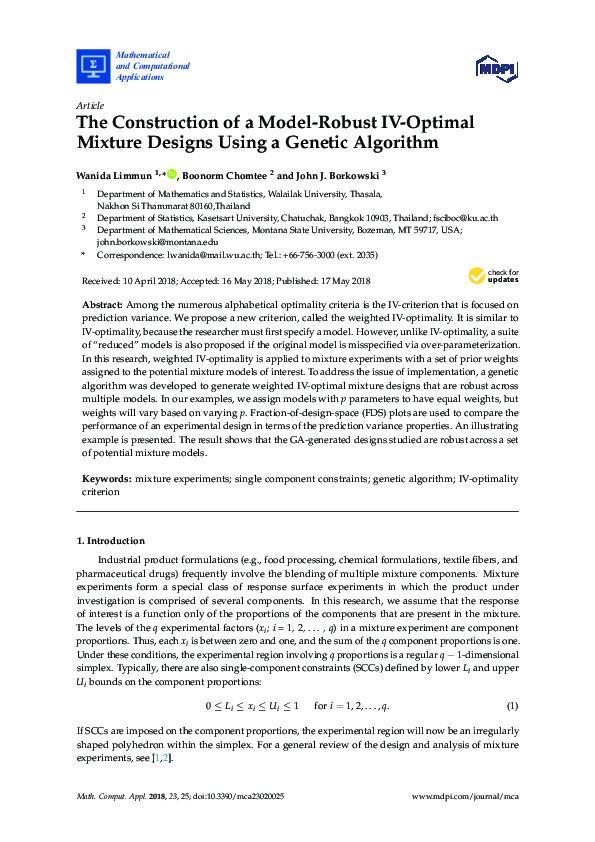 (PDF) The Construction of a Model-Robust IV-Optimal Mixture Designs Using a Genetic Algorithm ...
