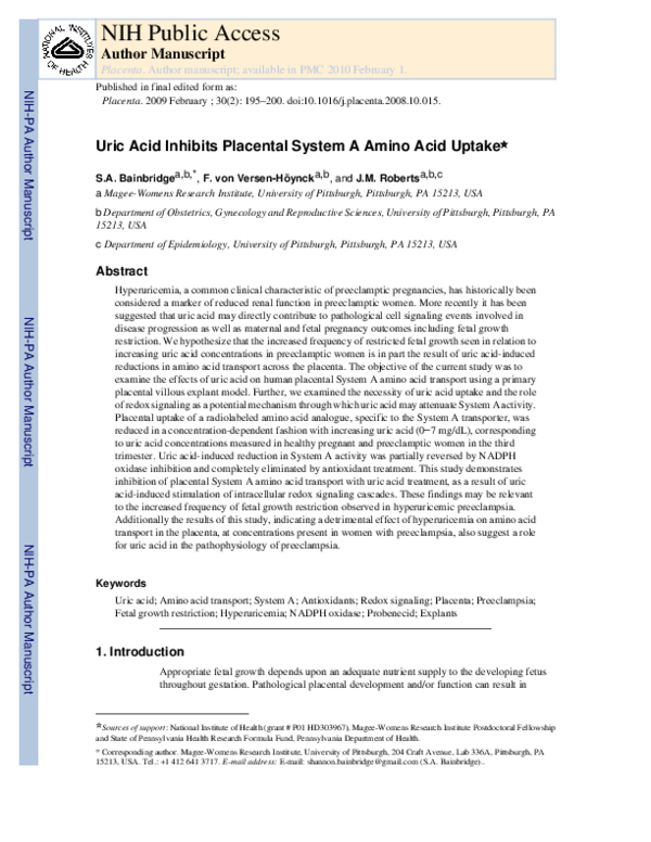 (PDF) Uric Acid Inhibits Placental System A Amino Acid Uptake
