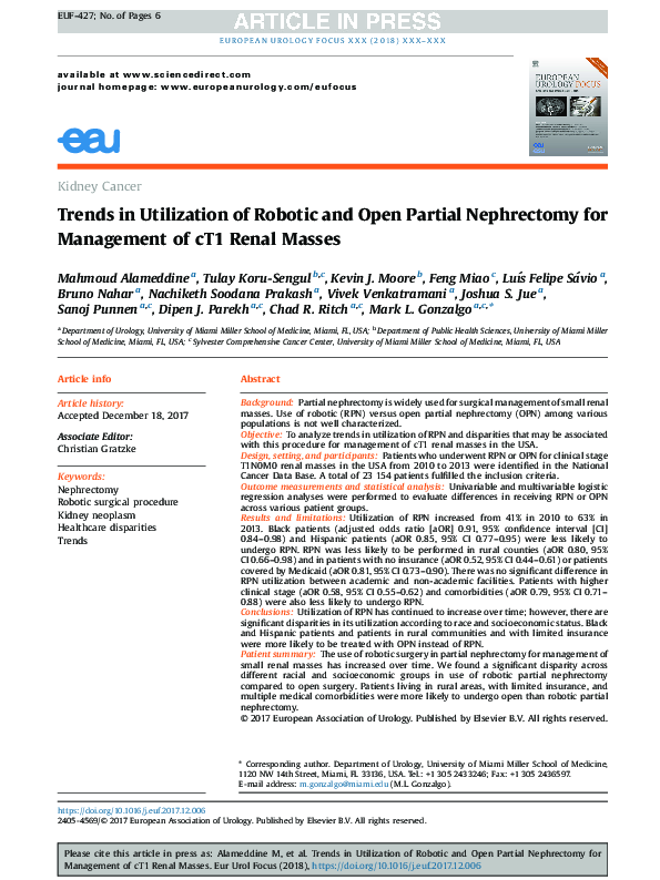 (PDF) Trends in Utilization of Robotic and Open Partial Nephrectomy for Management of cT1 Renal ...