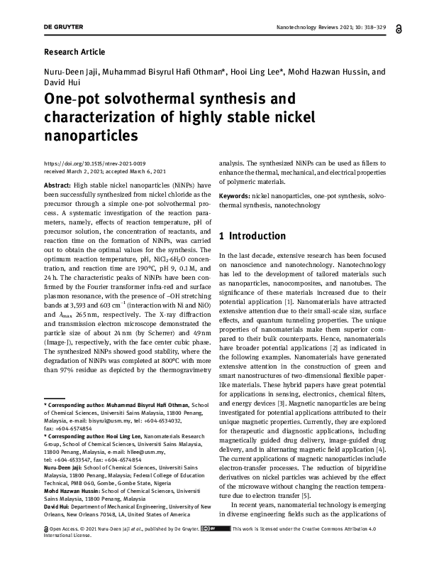 (PDF) One-pot solvothermal synthesis and characterization of highly ...