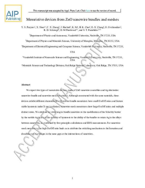 (PDF) Memristive devices from ZnO nanowire bundles and meshes