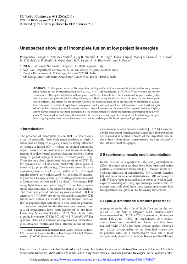 (PDF) Unexpected show up of incomplete fusion at low projectile energies