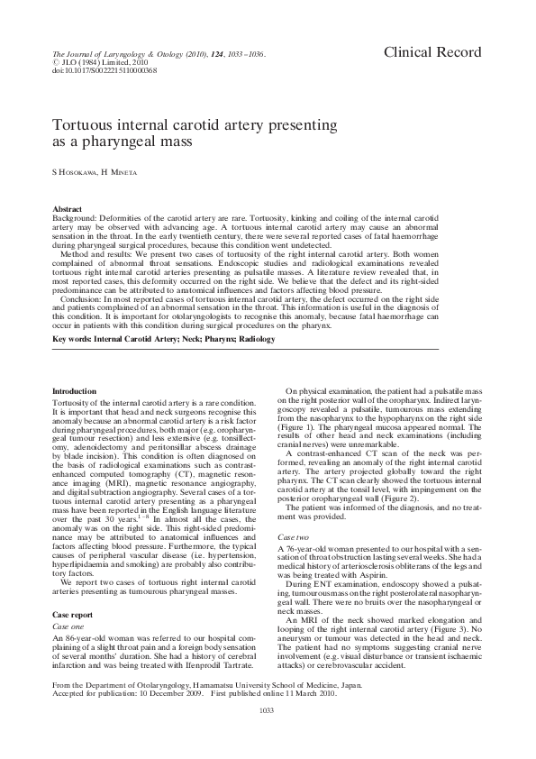 (PDF) Tortuous internal carotid artery presenting as a pharyngeal mass