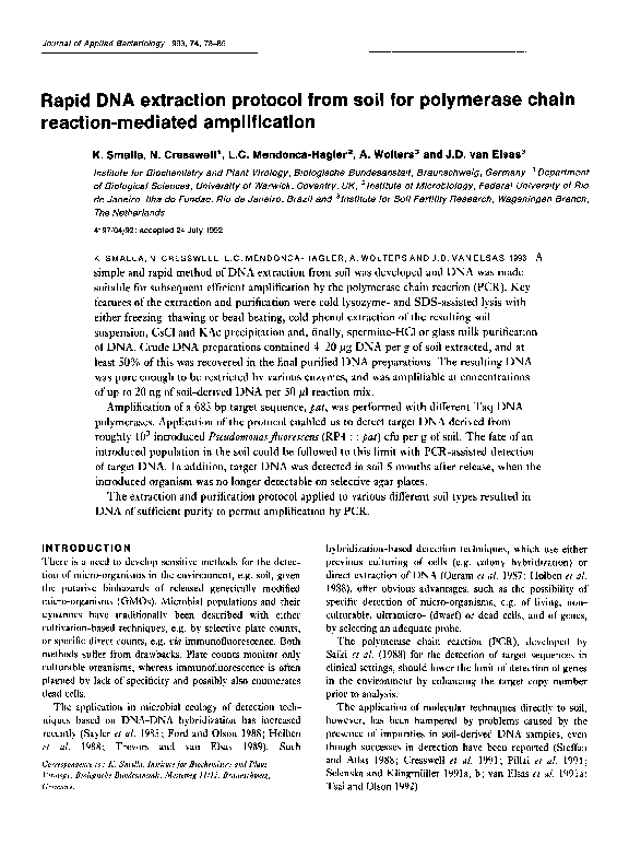 (PDF) Rapid DNA extraction protocol from soil for polymerase chain reaction‐mediated amplification