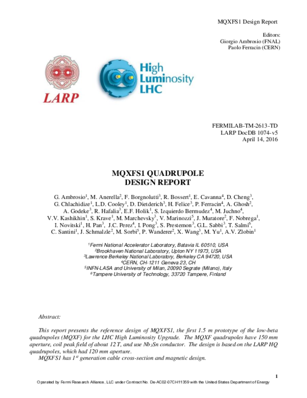 (PDF) MQXFS1 Quadrupole Design Report