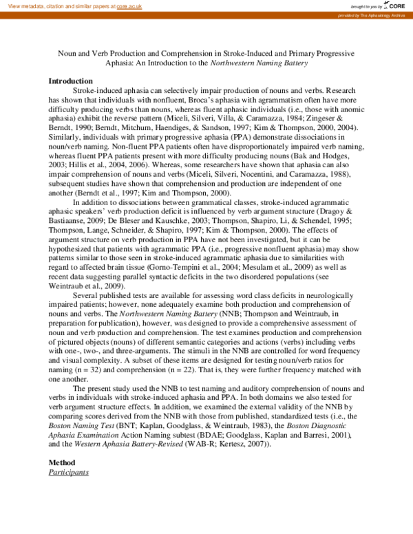 (PDF) Noun and Verb Production and Comprehension in Stroke-Induced and ...