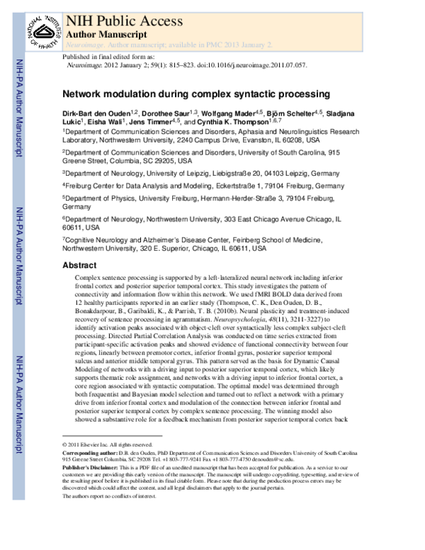 (PDF) Network modulation during complex syntactic processing