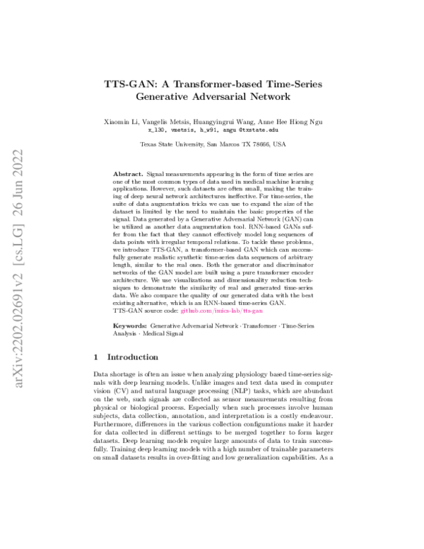 (PDF) TTS-GAN: A Transformer-based Time-Series Generative Adversarial Network