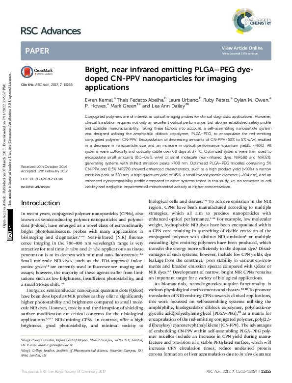 Bright, near infrared emitting PLGA–PEG dye-doped CN-PPV nanoparticles ...