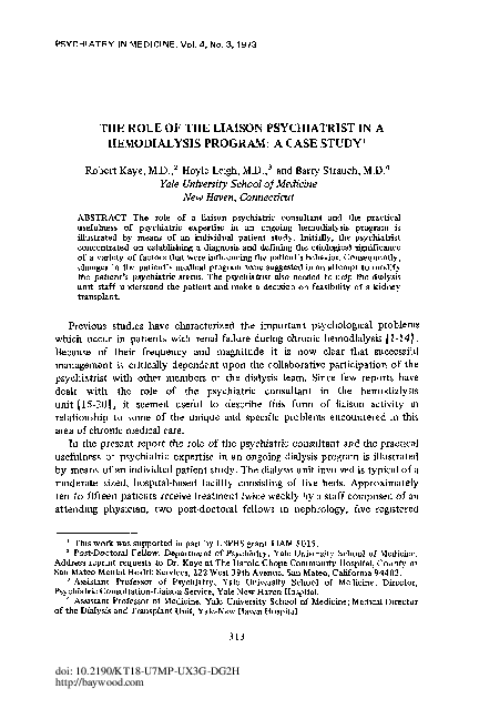 (PDF) The Role of the Liaison Psychiatrist in a Hemodialysis Program: A Case Study