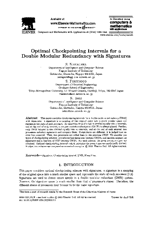 (PDF) Optimal checkpointing intervals for a double modular redundancy with signatures