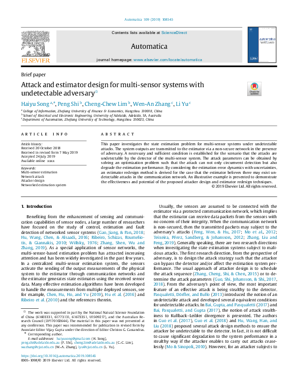 (PDF) Attack and estimator design for multi-sensor systems with undetectable adversary