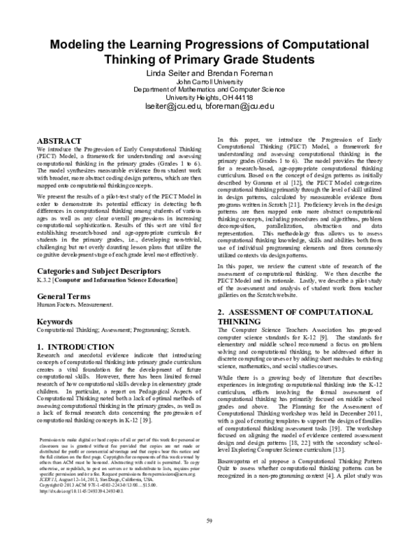 (PDF) Modeling the learning progressions of computational thinking of primary grade students