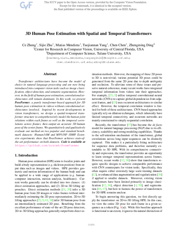 Pdf 3d Human Pose Estimation With Spatial And Temporal Transformers
