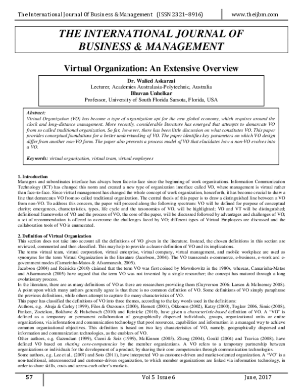 (PDF) Virtual Organization: An Extensive Overview