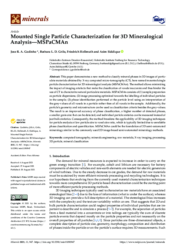 (PDF) Mounted Single Particle Characterization for 3D Mineralogical ...