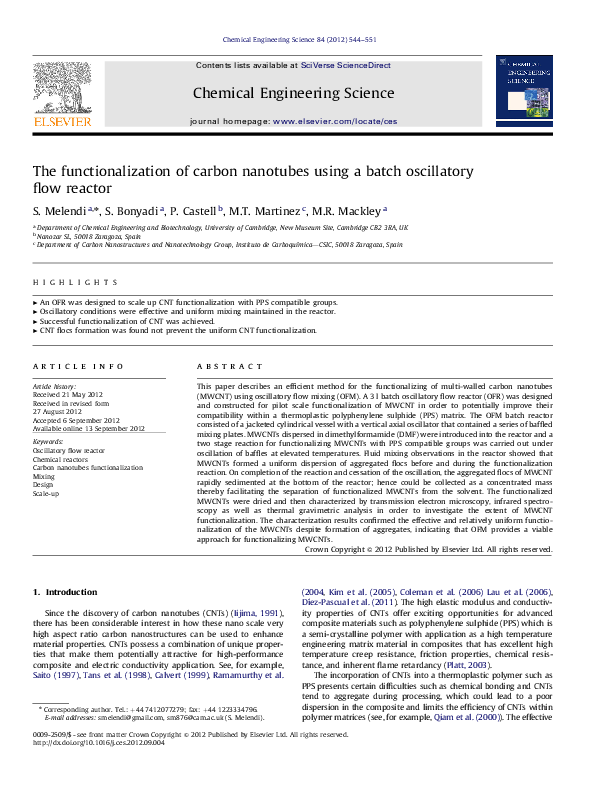 (PDF) The functionalization of carbon nanotubes using a batch oscillatory flow reactor