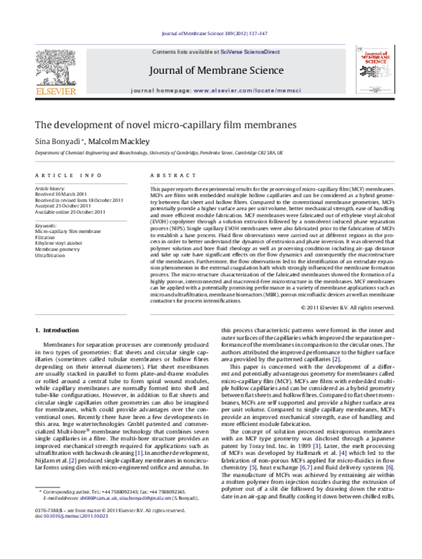 (PDF) The development of novel micro-capillary film membranes