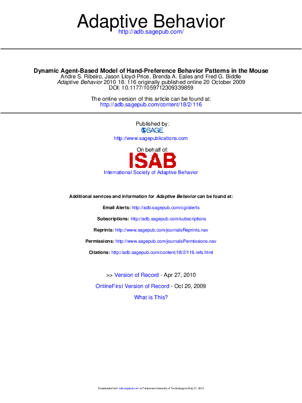 (PDF) Dynamic Agent-Based Model of Hand-Preference Behavior Patterns in the Mouse