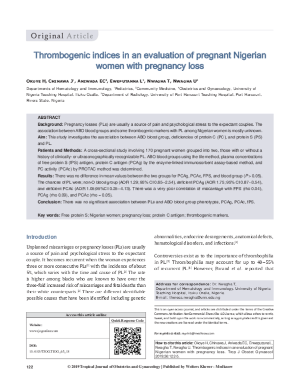 (PDF) Thrombogenic Factors in Pregnancy Loss in Nigeria