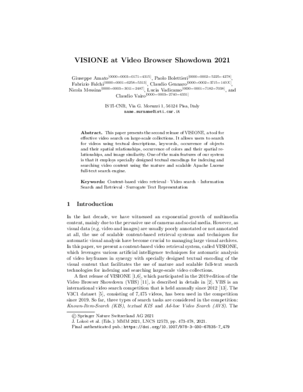 (PDF) VISIONE at Video Browser Showdown 2021