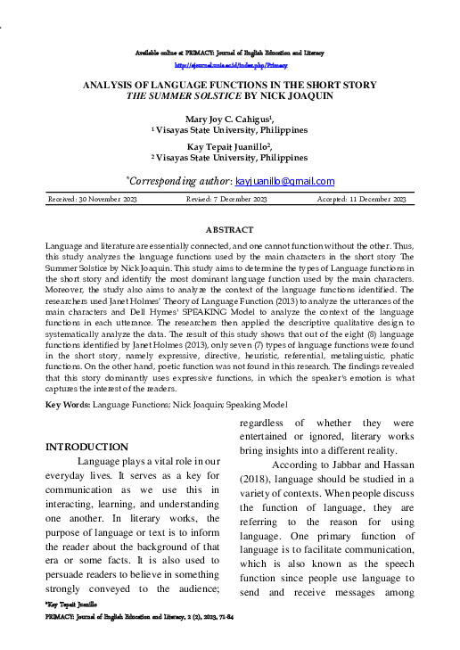 (PDF) ANALYSIS OF LANGUAGE FUNCTIONS IN THE SHORT STORY THE SUMMER SOLSTICE BY NICK JOAQUIN