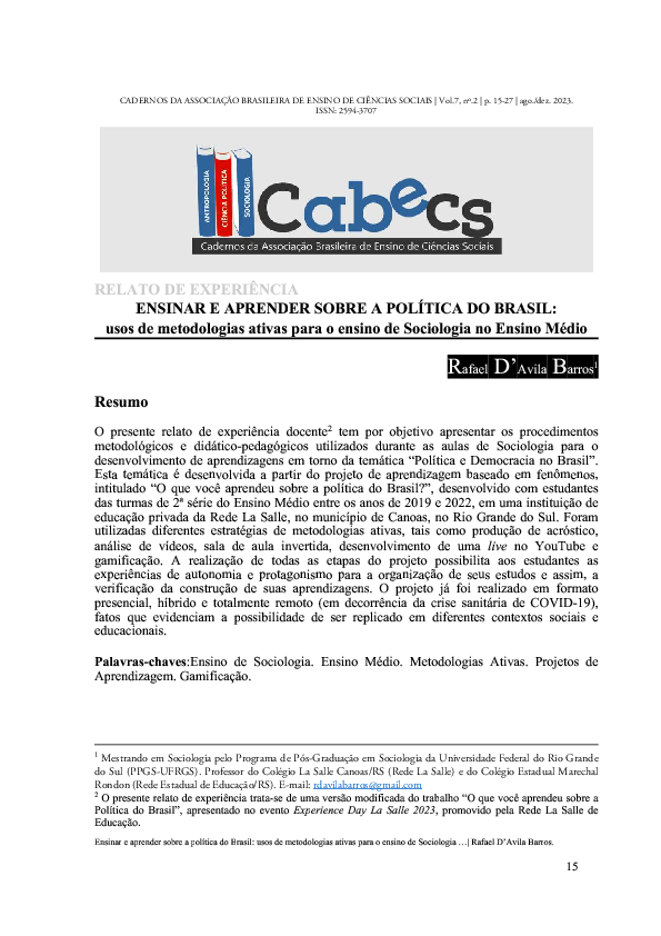 (PDF) ENSINAR E APRENDER SOBRE A POLÍTICA DO BRASIL: usos de metodologias ativas para o ensino ...