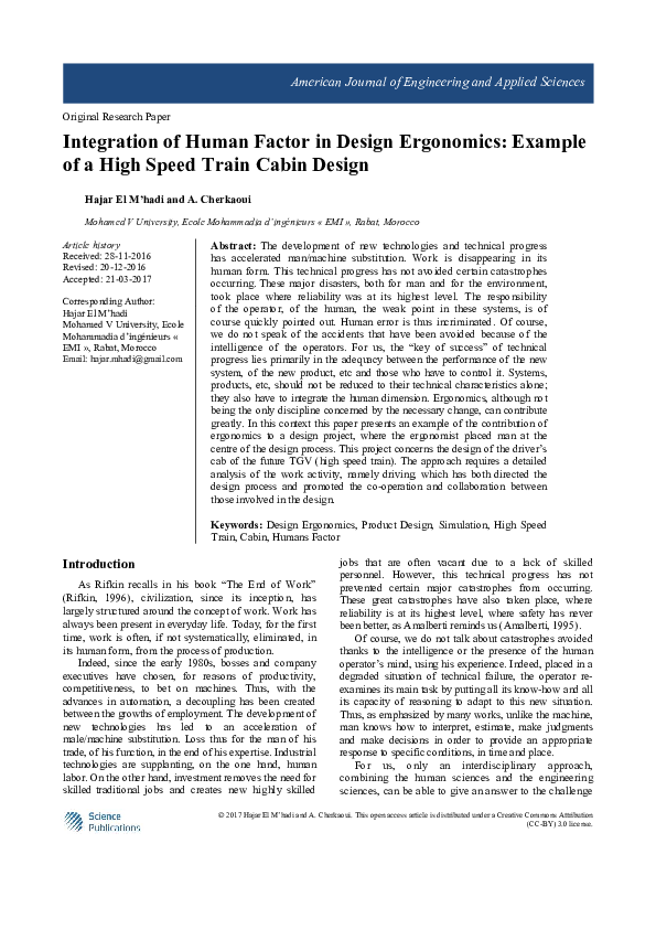 (PDF) Integration of Human Factor in Design Ergonomics: Example of a ...